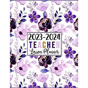 Teacher Lesson Planner 2023-2024: Large Weekly and Monthly Teacher Organizer Calendar | Lesson Plan Grade and Record Books for Teachers (Purple & Brown Watercolor Flowers)