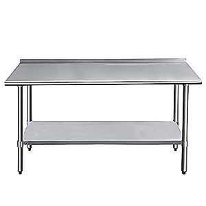 ROCKPOINT Stainless Steel Table for Prep & Work with Backsplash 60x24 Inches, NSF Metal Commercial Kitchen Table with Adjustable Under Shelf and Table Foot for Restaurant, Home and Hotel