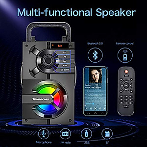 Bluetooth Speaker, Portable Bluetooth Speakers with Subwoofer Wireless Stereo Sound Rich Bass Speakers Outdoor Party Speaker Support Remote Control FM Radio LED Lights for Home, Travel, Camping