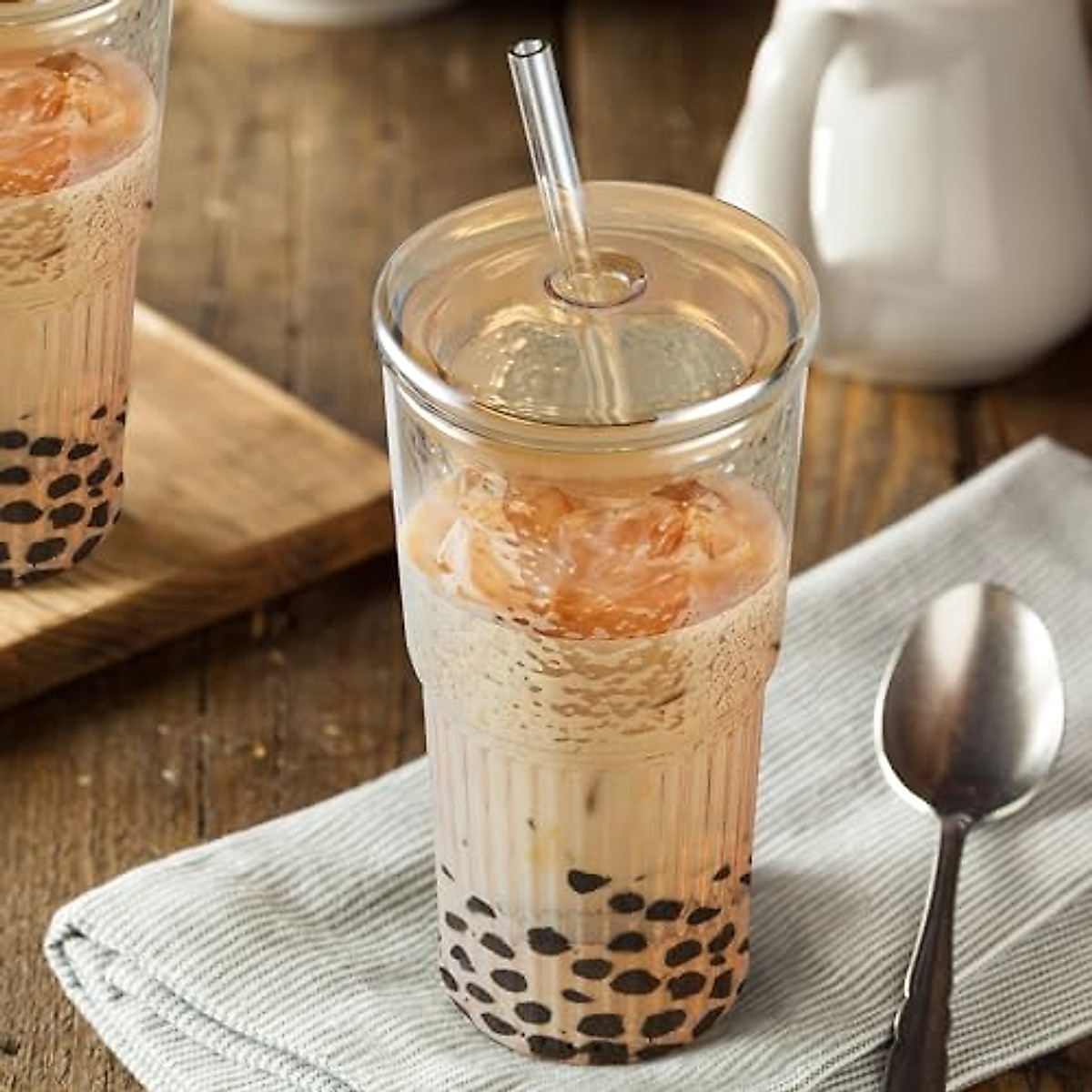 Joeyan 22 oz Amber Glass Tumbler with Straw and Lid for Iced Tea Coffee Smoothie Water Juice Beverages Soda,Ribbed Glasses Cups,Borosilicate Drinking Jar,Set of 2,Dishwasher Safe