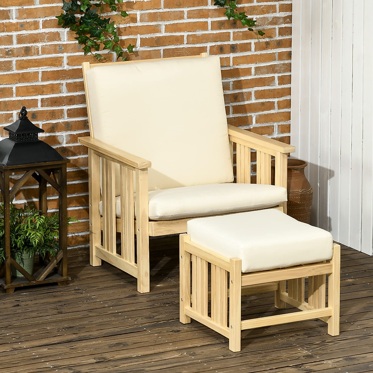 Outsunny 2-Piece Patio Furniture Set with 1 Armrest Single Chair and an Ottoman, Outdoor Wooden Chair with 4" Thick Padded Cushions for Backyard, Porch, and Poolside, Beige