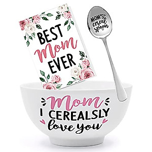 Mom's Cereal Bowl and Spoon Set with Best Mom Ever Greeting Card Christmas Mother's Birthday Engraved Gift Box Basket Idea for Her Cerealsly Love You Mommy Present Set of 3 Thanksgiving New Year