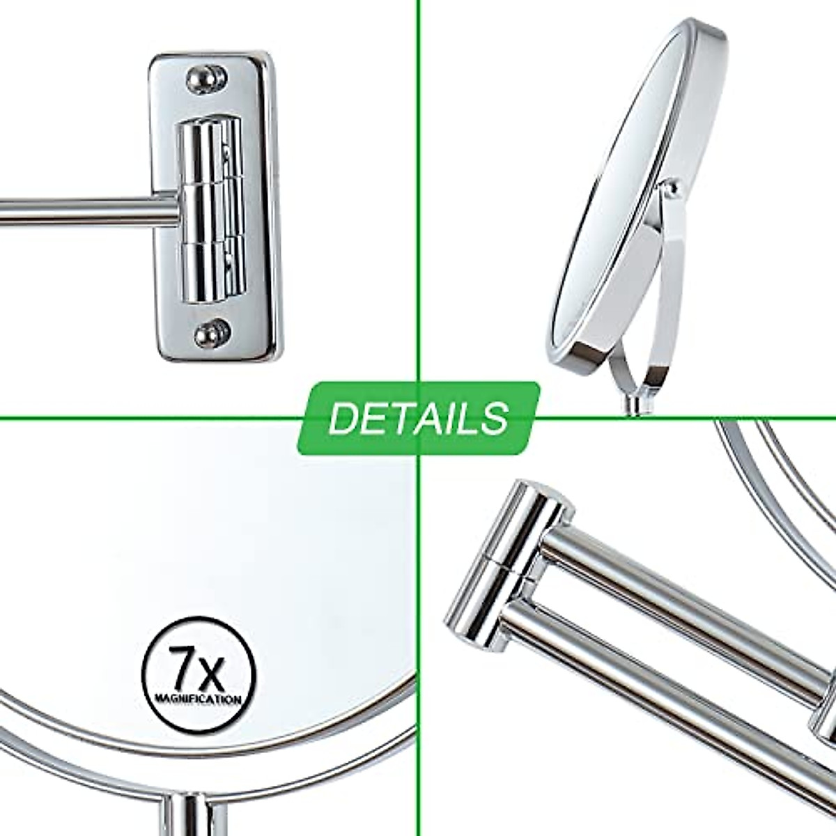 Lansi Wall Mounted Makeup Mirror, 7x/1x Double-Sided Magnifying Mirror, 360° Extendable Arm Wall Mirror, 8 inch Bathroom Mirror for Makeup or Shaving Chrome Finish