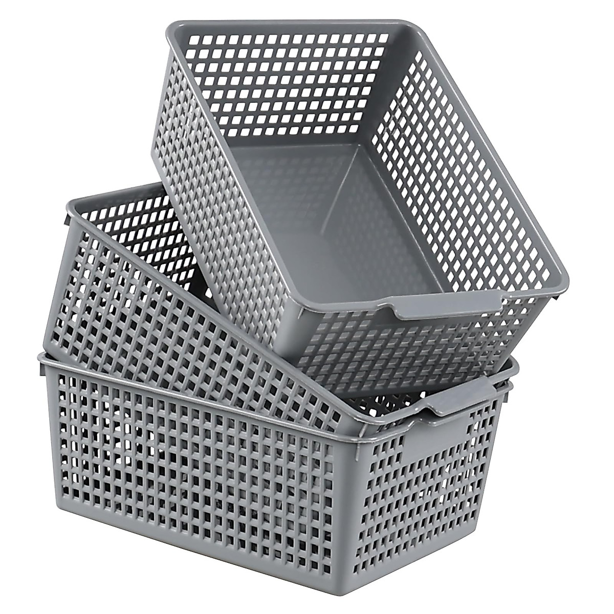 Dehouse Set of 3 Large Plastic Baskets for Organizing, Plastic Storage Basket Organizer, Gray