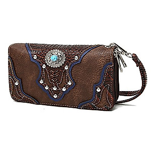 Conchos Studded Crocodile Laser Cut Cowgirl Western Style Country Purse Wrist Strap Women Wristlet Wallet (Brown), Large