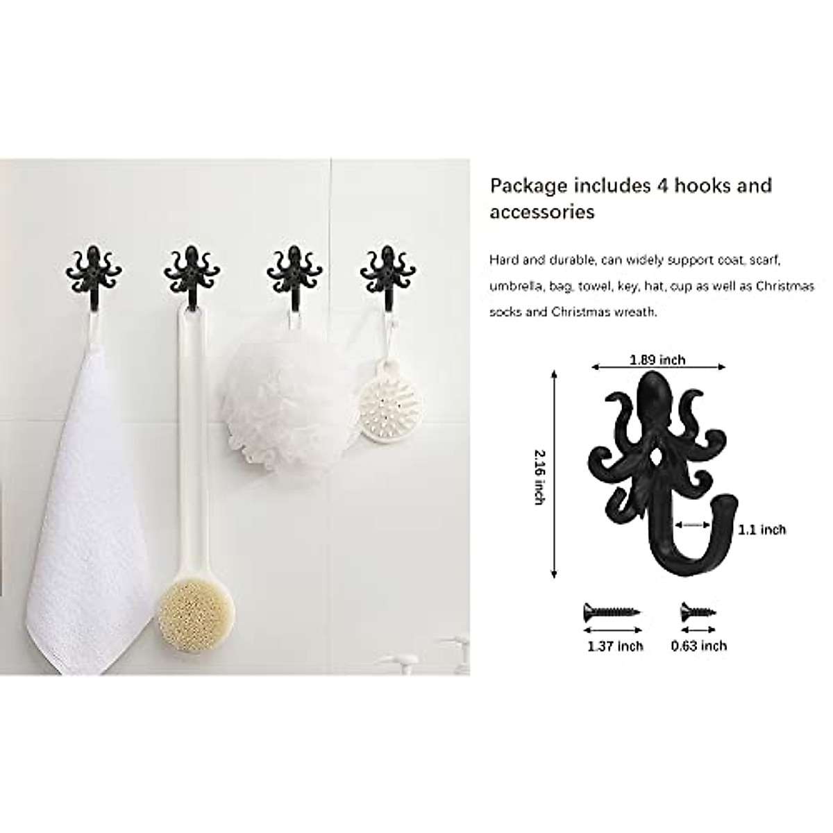 MUMIAO 5 Pack Coat Hooks Wall Storage Hooks – Decorative Wall Mounted Hooks Rustic Metal Clothing Hanger for Hanging Coats, Scarves, Bags, Purses, Backpacks Home Decor (Black Octopus)