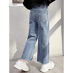NABER Kids Girls' Casual Elastic Waist Denim Pants Heart Pattern Wide Leg Fashion Jeans Age 4-14 Years (14-15 Years) Blue
