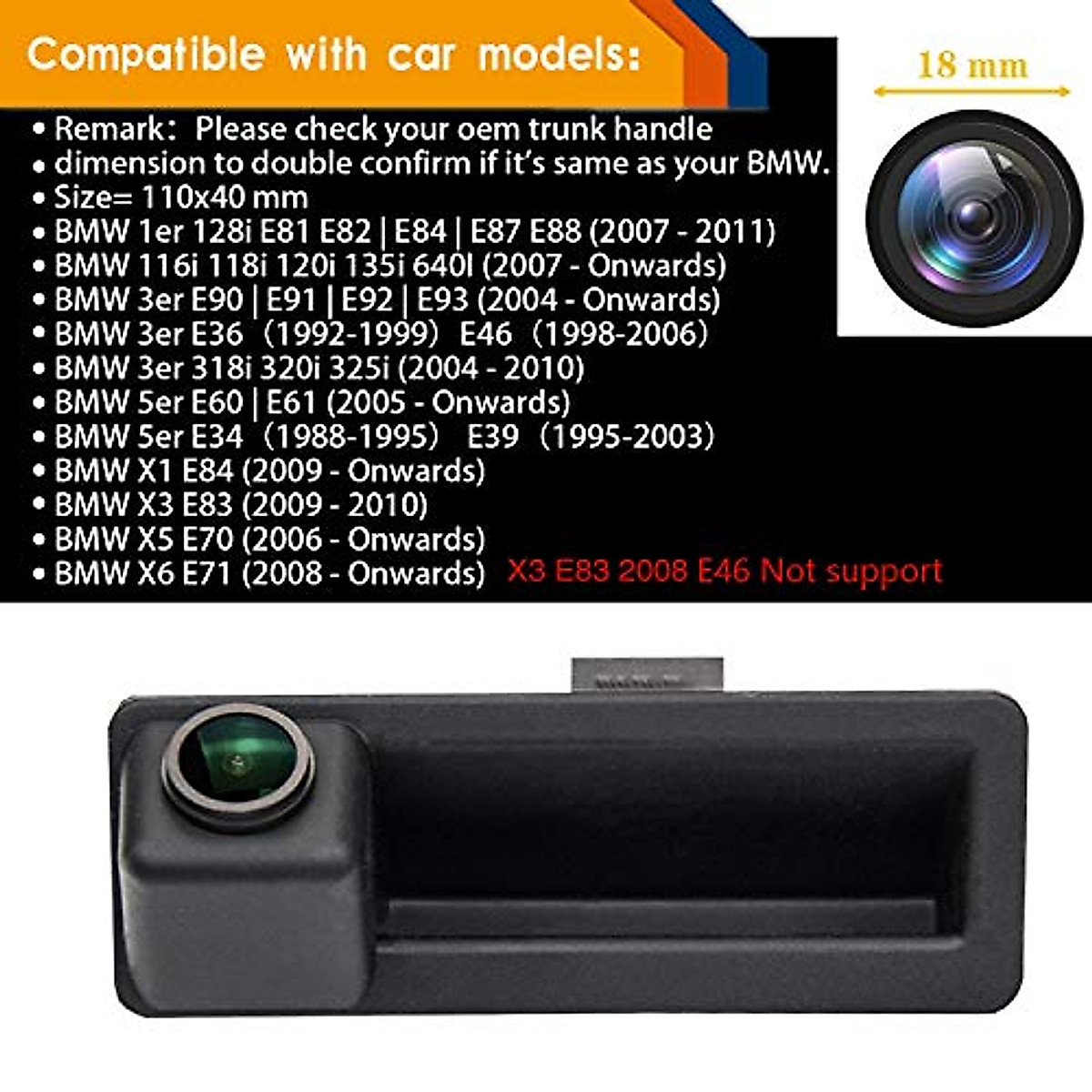 HD 1280x720p Rear Reversing Backup Camera Rearview License Plate Camera Night Vision Ip68 Waterproof Compatible for X5 X1 E39 E53 E82 E88 E84 E90 E91 E92 E93 E60 E61 E70 E71 E72 2002-2011