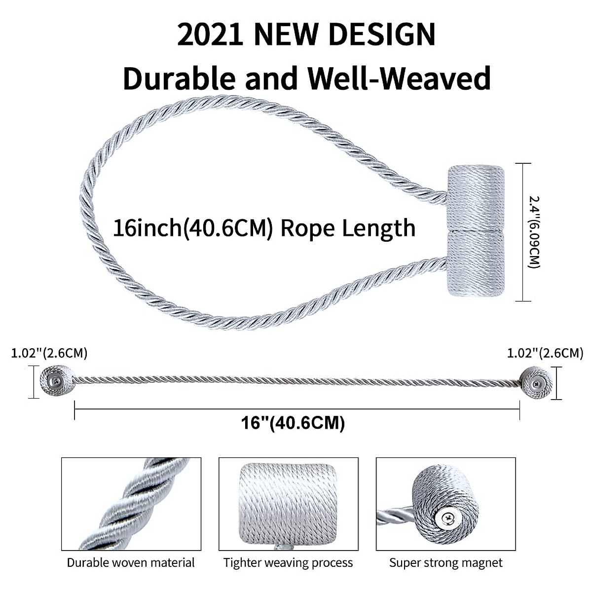 YUNTUOO 18 Inch Strong Magnetic Curtain Tiebacks, Curtain Holdbacks Modern Upgrade Strong 2021 New Twisted Style Decorative Drapery Rope ​Tie Backs(2 Pack Silver Grey)