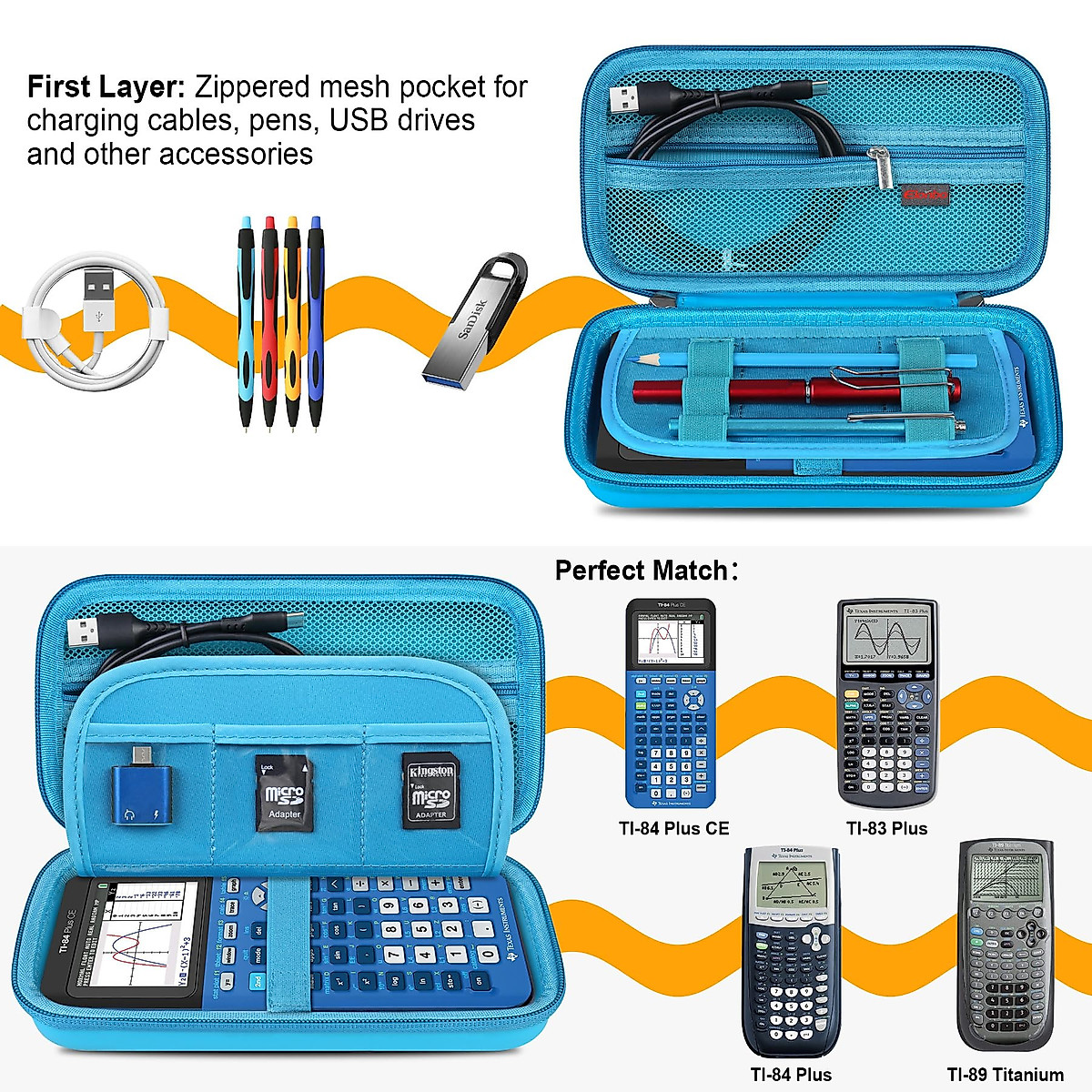 Elonbo Carrying Case for Texas Instruments TI-84 Plus CE/TI-84 Plus/TI-83 Plus/TI-83 Plus CE Color Graphing Calculator, Extra Mesh Pocket Fits Charging Cable Charger Manual, Blue
