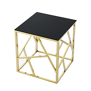 Goderfuu Modern Side Table Small End Table Black Glass Night Stand, Corner Table with Stainless Steel Base, Square End Table with Storage, Bedroom Side Table Living Room Sofa Table, Gold Side Table