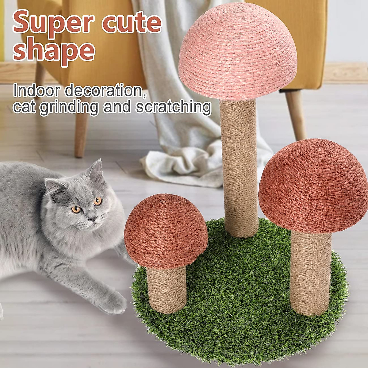 PowerKing Cat Scratching Post, Mushroom Claw Scratching Post for Cat, Natural Sisal Cat Scratchers with 3 Mushroom Pole, Cat Interactive Toys