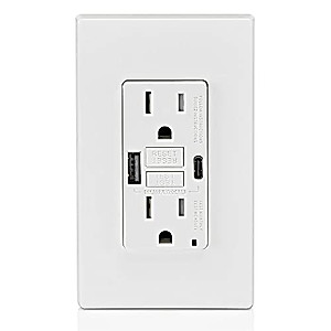 Leviton GUAC1-W 15A SmartlockPro Self-Test GFCI Combination 24W(4.8A) Type A/C USB in-Wall Charger Outlet, White