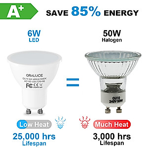 ORALUCE GU10 LED Bulbs, 6 Watt Equivalent to 50W Halogen Light Bulb, Non-dimmable, 3000K Soft White,120 V, 480 Lm, 120° Flood Beam Angle, MR16 Shape for Recessed, Track Lighting, Pack of 6