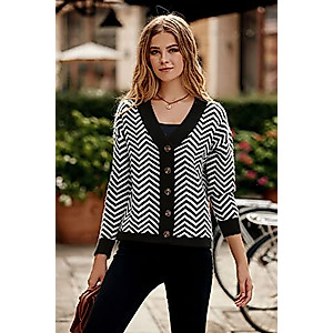 PRETTYGARDEN Women's 2023 Button Down Pullover Sweater Long Sleeve V Neck Open Front Striped Knit Cardigans (White,Medium)