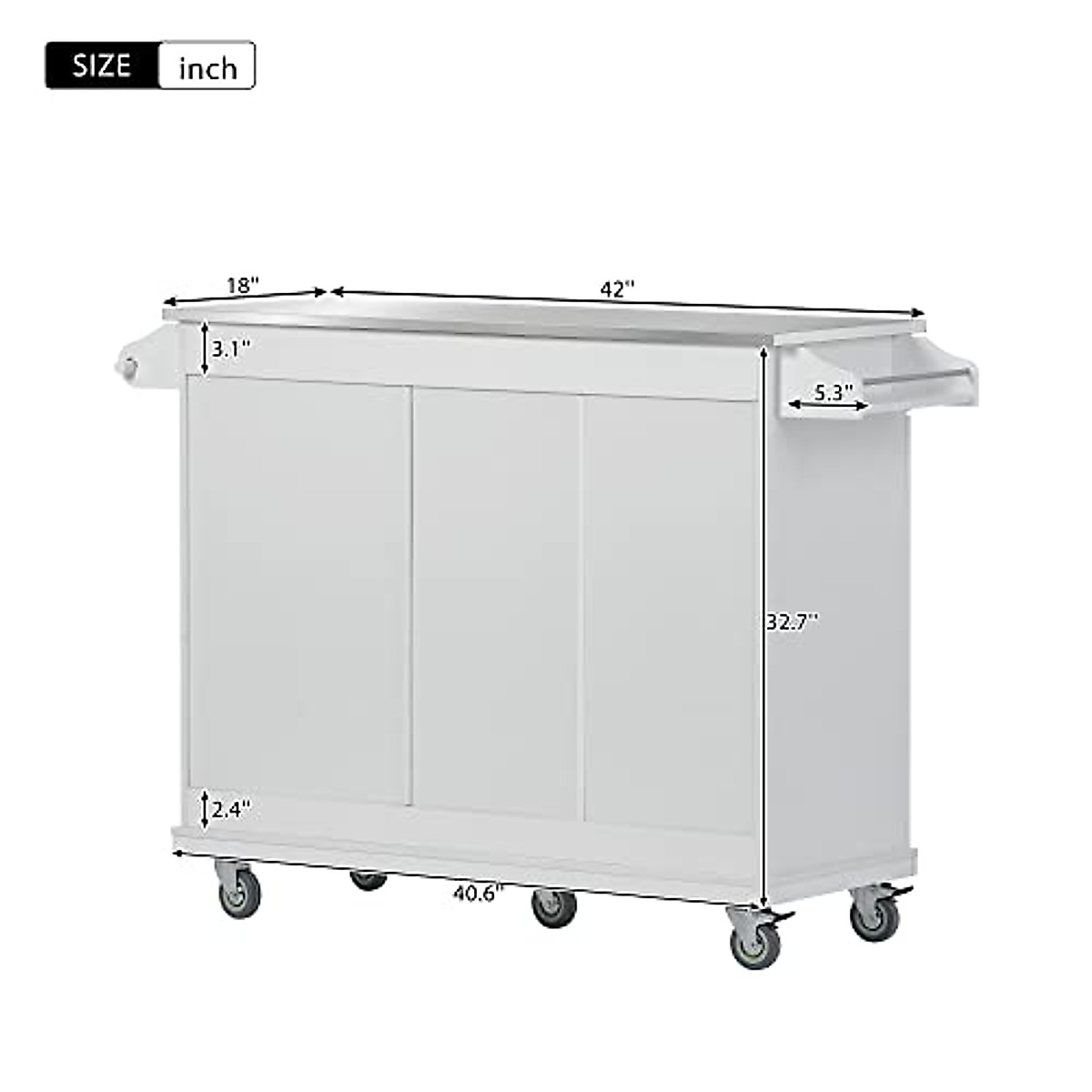 Rolling Kitchen Island Cart on Wheels, with Stainless Steel Countertop, 2 Storage Drawers & Goblet Holder & Spice Shelf, Towel Rack, for Dining Room, Restaurant, White