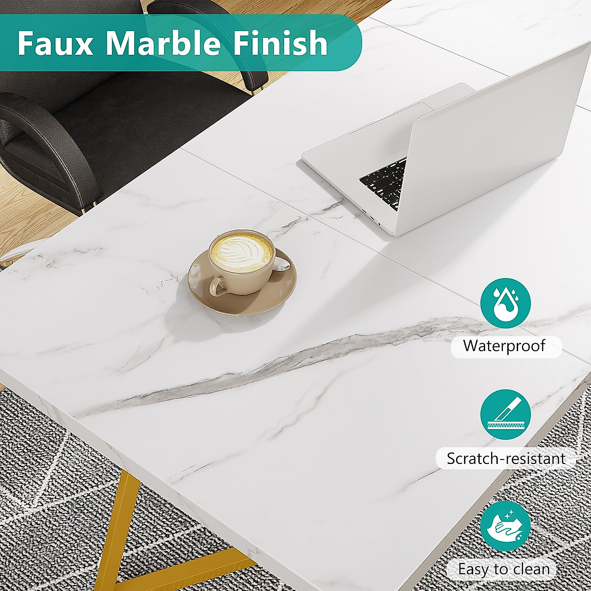 Tribesigns Modern Gold Computer Desk: 55 Inches White and Gold Home Office Desk with Metal Legs, Faux Marble Study Writing Table for Small Spaces, Simple Desk for Bedroom