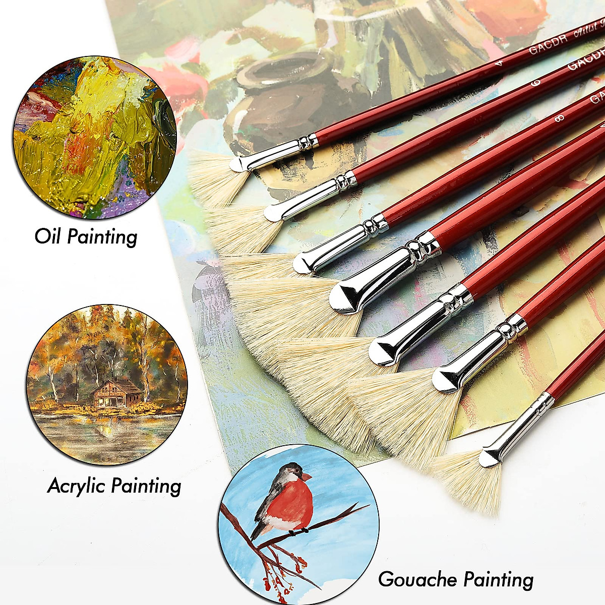 GACDR Fan Brush for Painting, 7 Pieces Fan Brush Set with Hog Bristle Natural Hair and Long Wood Handle, Professional Artist Fan Brushes for Acrylic Painting,Oil Watercolor Painting