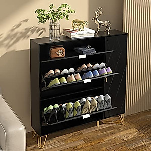 ANBUY Shoe Cabinet, Free Standing Tipping Bucket Shoes Cabinets, Shoes Storage Cabinet with 3 Flip Drawers and Storage Shelves, Narrow Shoe Rack Cabinet for Entryway, Modern Shoes Organizer
