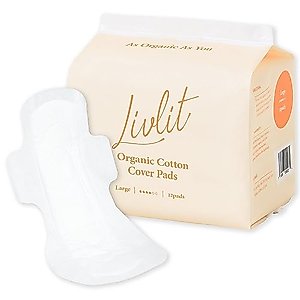 Livlit Large Size Ultra Thin Sanitary Pads, 100% Organic Cotton from Texas, Powerful Leak Protection, Unscented, Chlorine Free and Absorbency of Feminine Periods, Pads for Women (12 Count)