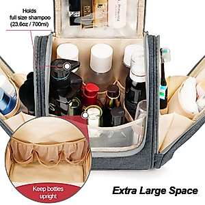 COOSKY Hanging Travel Toiletry Bag for Women and Men, 6 Organizer Compartments, Extra Large Toiletries Bag, Bathroom Cosmetic Bag, Water-resistant Makeup Bag, Holds Full-Size Shampoo, Grey