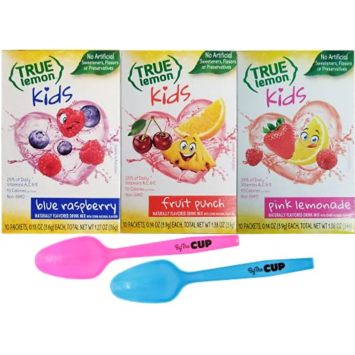 True Lemon Kids Variety, 1 of each Blue Raspberry, Fruit Punch, Pink Lemonade (Pack of 3) with By the Cup Mood Spoons