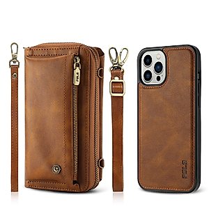 nincyee Multifunction Wallet Case for iPhone 12 Pro Max,Large Capacity Leather Zipper Clutch Bag Case with Shoulder Strap Brown