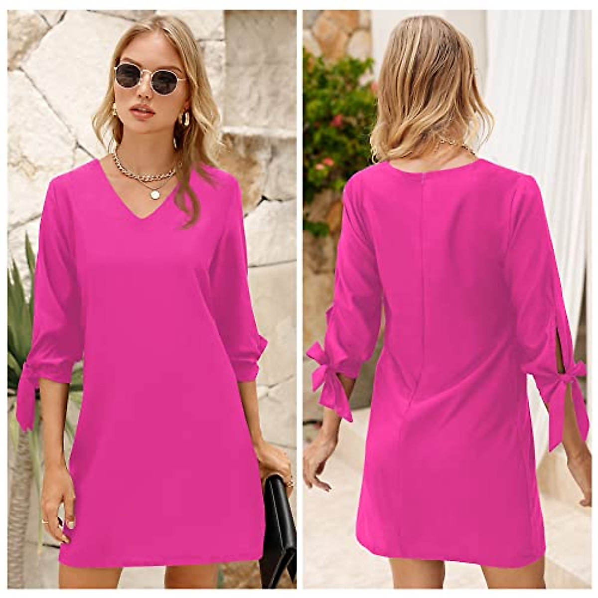 BELONGSCI Women's 2024 Summer Dress Sweet & Cute V-Neck Self Tie 3/4 Sleeve Casual Shift Dress