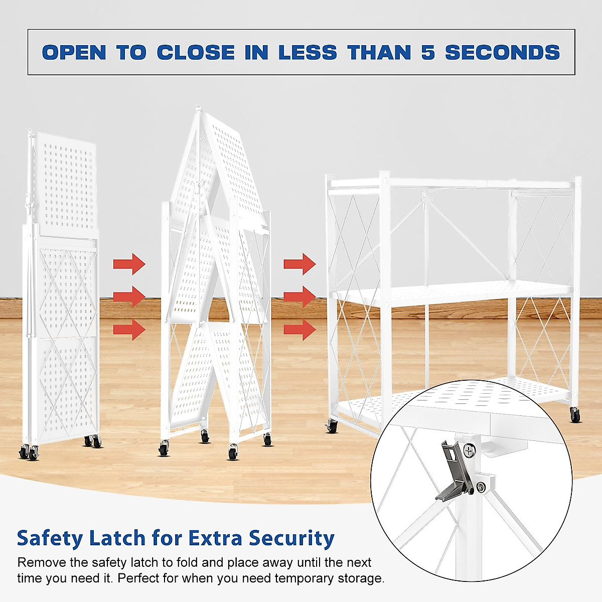 Lifetime Home 3-Tier Foldable Storage Shelf with Wheels - Metal Collapsible Shelving Unit Display, Rolling Cart for Books Kitchen Storage Shelves, Pantry & Closet Organizer, Office Room Decor - WHITE