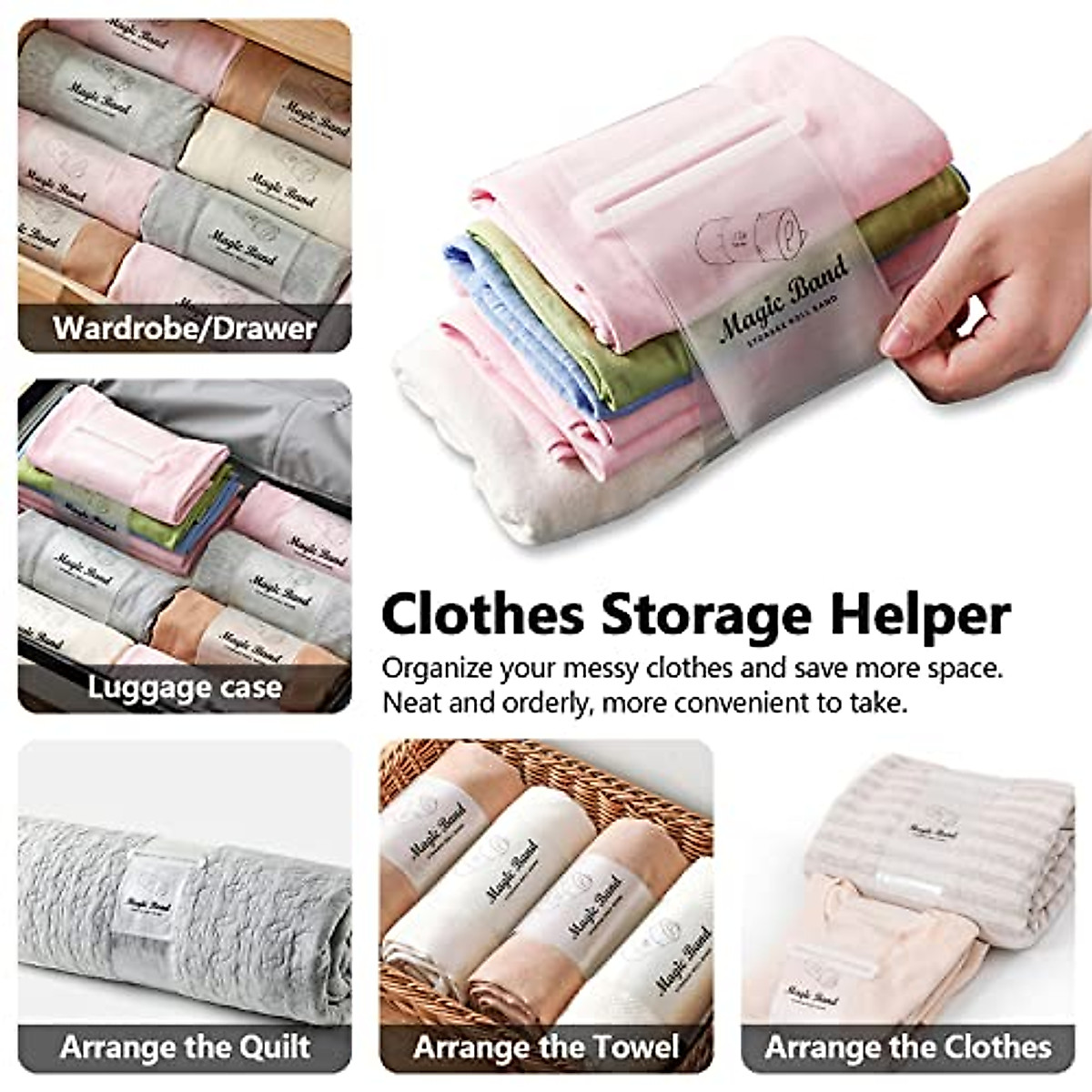 Closet Organizers Storage Belt Self-adhesive Durable PVC Clothes Stacking Organizer Strap for Folded Household Shirt T-shirts Pants Towels Bed Sheets Storage Roll Band Fold Up Organize (9)
