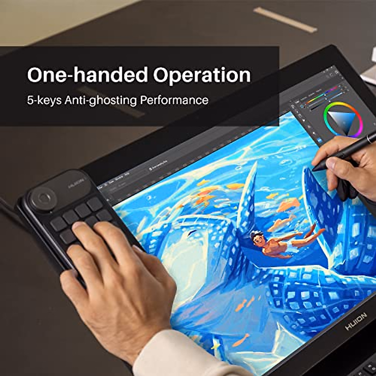 HUION Keydial Mini Bluetooth Programmable Keypad with Dial 5 Keys Anti ...