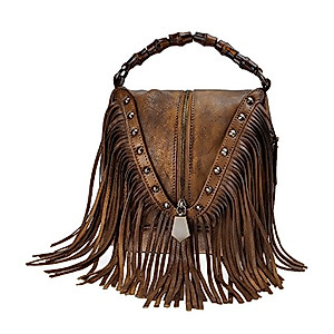 ZLYC Women's Leather Bamboo Hand Strap Featured Fringe Bohemian Tassel Studed Cross Body Bag (Brown)