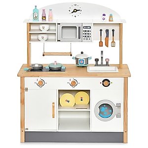 Costzon Kids Kitchen Playset, Wooden Pretend Cooking Toy with Sink & Faucet, Microwave, Dish Rack, Washing Machine, Play Kitchen with 15 PCS Toy Accessories for Toddlers, Gift for Boys Girls 3+