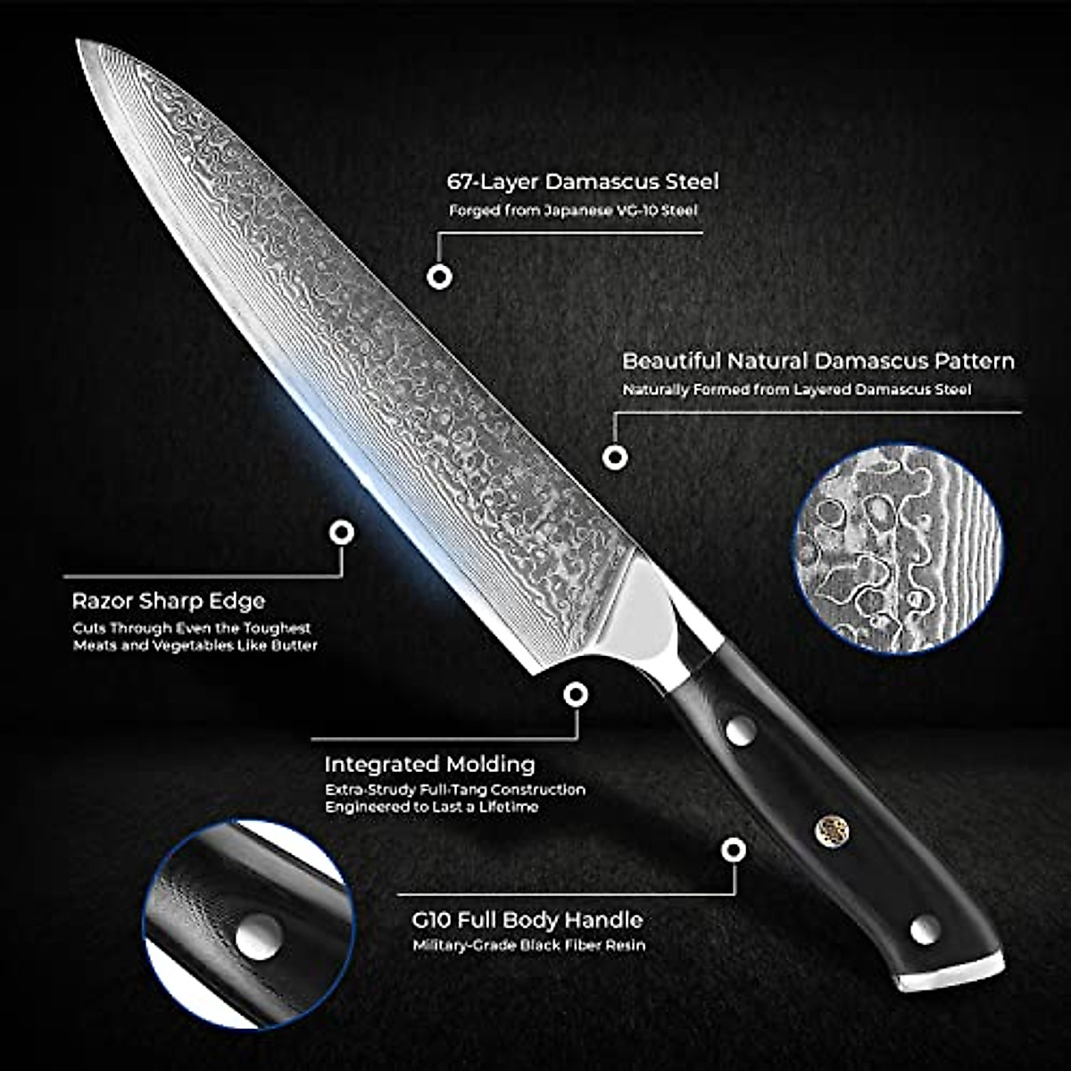 SENKEN 6-Piece Damascus Steel Kitchen Knife Set - Shogun Collection - 67-Layer Japanese VG10 Steel - Chef's Knife, Cleaver Knife, & More, Extremely Sharp Blades for Effortless Cutting, Luxury Gift Box