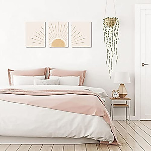 Boho Wall Art Set of 3, Framed Canvas Wall Art Yellow Sun Rising on the Horizon Geometric Nature Illustrations Line Art Wall, Mid-Century Modern Prints Boho Sun Wall Decor for Living Room, Bedroom, Bathroom, Office, 12"x16" Natural