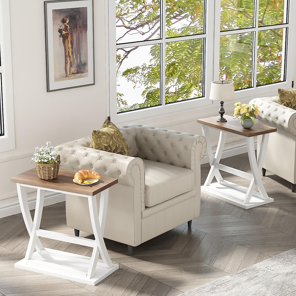 ChooChoo Farmhouse End Table Set of 2, Narrow Side Table with Storage Shelf, Modern X-Design Slim End Table for Living Room, Bedroom, Small Space, 11.8" D*23.6" W*23.4" D