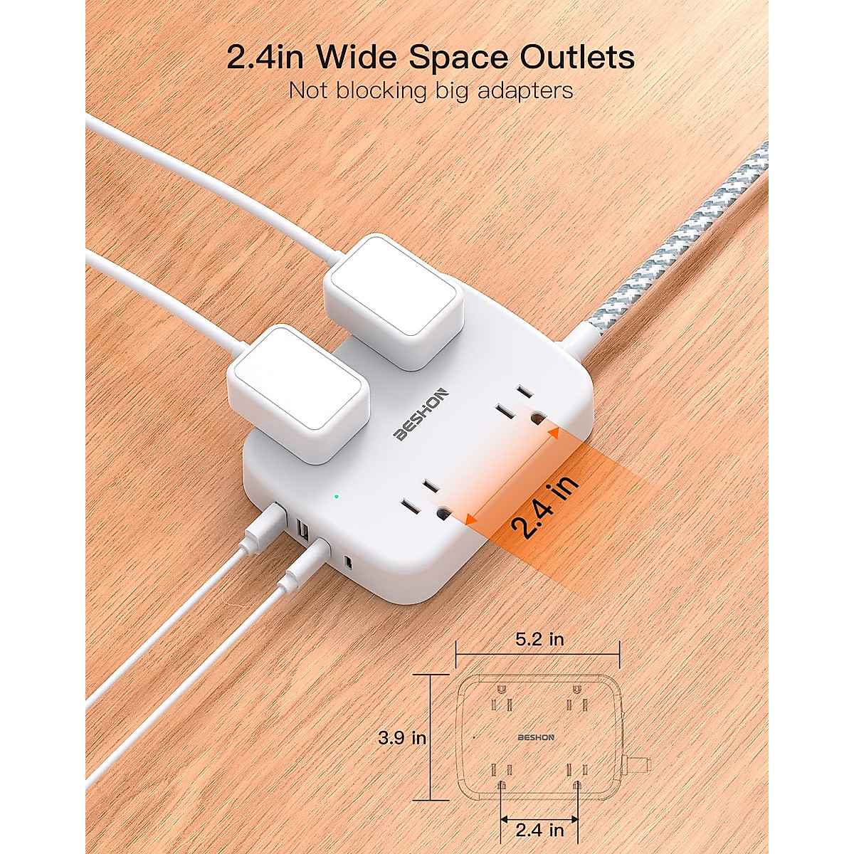 Surge Protector Power Strip with 2 USB C - 5 Ft Flat Extension Cord Flat Plug Power Strip, 4 Widely Outlets and 4 USB Charging Ports, Outlet Extender, 900 Joules, for Home Office Dorm Room Essentials