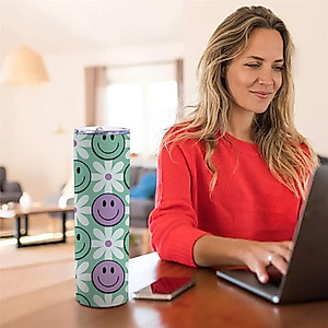 Retro Daisy Smile Face Seamless 20oz Tumbler With Lid Reusable Stainless Steel Water Bottle for Hot & Cold Drinks Tea Cup Iced Coffee Travel Mug Birthday Gifts for Women (Pack of 1)