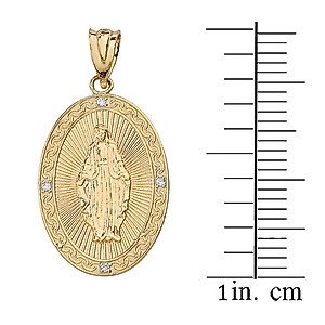 Religious Jewelry 14k Yellow Gold Blessed Virgin Mary Miraculous Oval Medal Diamond Pendant (1")