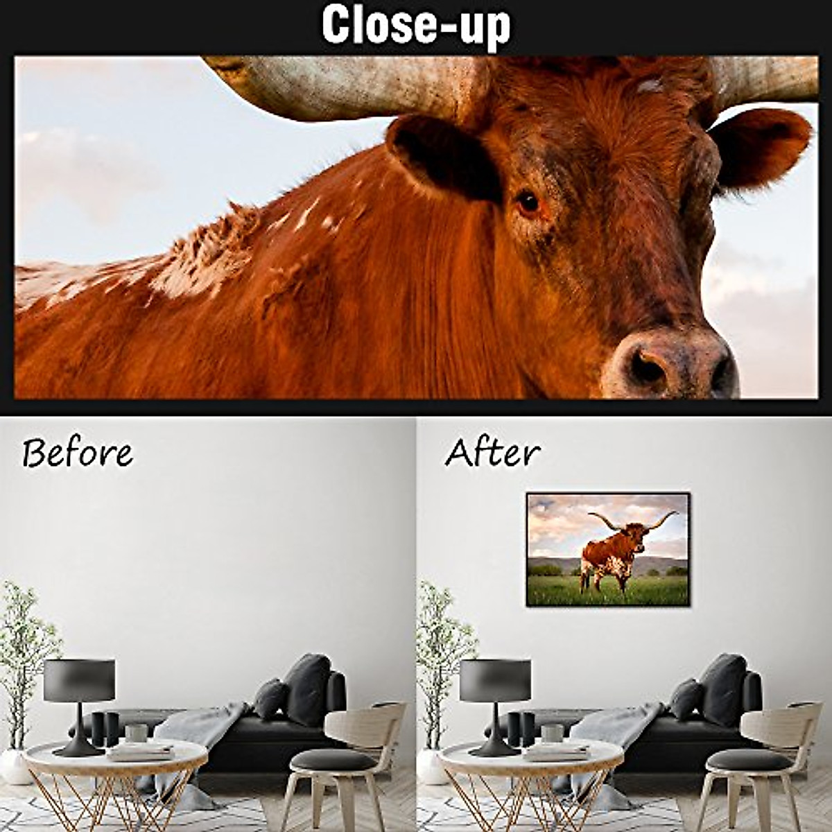 Visual Art Decor Large Animals Canvas Wall Art Texas Longhorn in Sunset Farm Picture Prints Framed and Stretched Painting for Modern Home Living Room Decoration (28"x40" Origin)