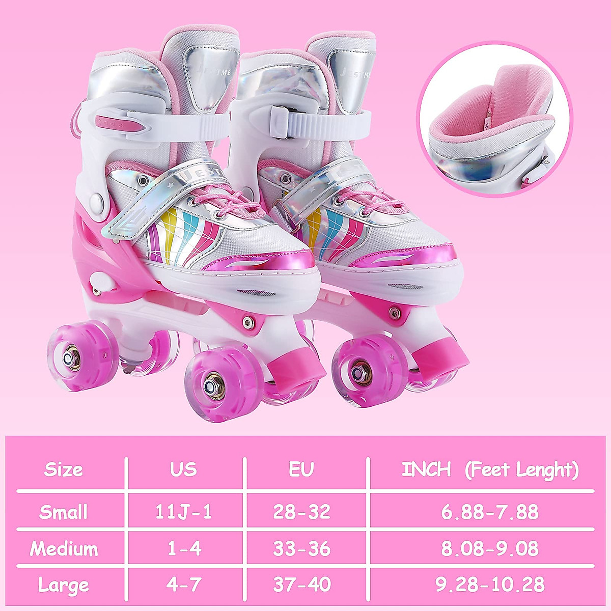 Kids Roller Skates Adjustable for Girls Boys Toddlers Youth, Pink 4 Size Adjustable Light Up Roller Skates for Size 11J todders to Size 7 Youth Women
