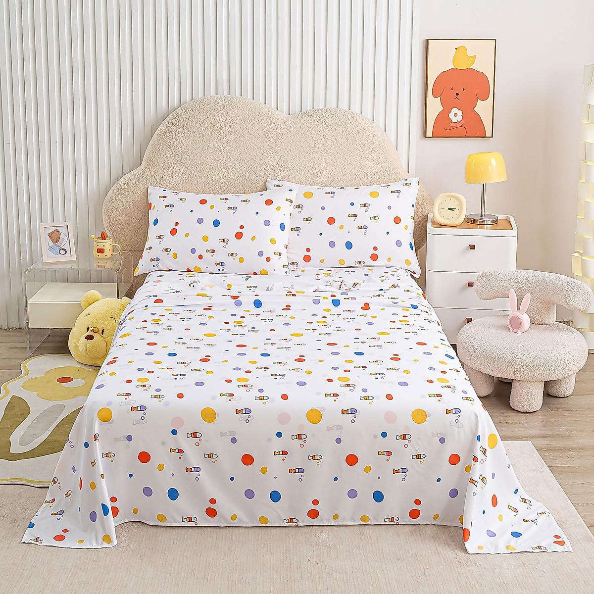 LONAVA Twin Size Printed Kids Sheet Set - 3 Piece Wrinkle-Free Luxurious Soft Microfiber Sheet, Oeko-TEX Certified, Deep Pocket, Breathable & Elastic, Dotty Fish