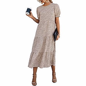 PRETTYGARDEN Women's Summer Casual Boho Dress Floral Print Ruffle Puff Short Sleeve Flowy Midi Beach Party Dresses (Apricot,Medium)