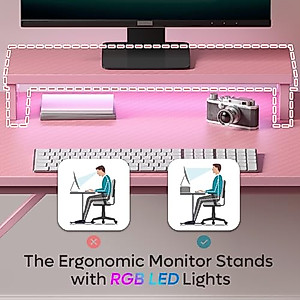 Bestier Small Gaming Desk with Monitor Stand, 42 inch LED Computer Desk, Gamer Workstation with Cup Holder & Headset Hooks, Modern Simple Style Desk for Home Office, Carbon Fiber Pink