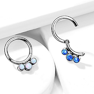Pierced Owl 16GA G23 Implant Grade Titanium Triple Bezel Set Synthetic Opal Lined Hoop Cartilage Helix Daith Septum Hinged Segment Ring (White, 10mm Diameter)