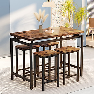 AWQM Dining Table and Stools Set of 4, Industrial Style 5-Piece Pub Table Set, Space Saving Dinette Table Set for Dining Room, Living Room, Kitchen, Apartment