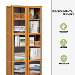 Magshion Bamboo 6-Tier Shelf Living Room Storage Tall Bookcase Cabinet with Clear Doors, Brown 23.5" L x 11.9" W x 59.1" H Home Office Multipurpose Tower Media Organizer Bookshelf