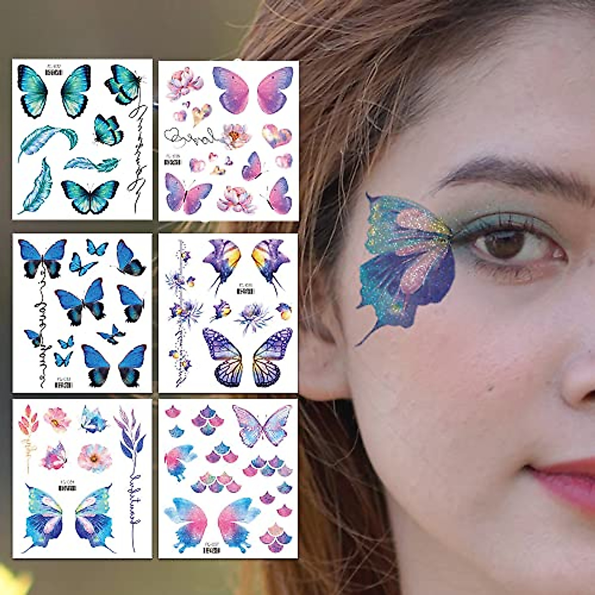 14 Sheets Glitter Butterfly Temporary Tattoos Sticker for Women Girls Eye Face Makeup Decoration, Flash Fairy Wings Body Art Shiny Butterflies Waterproof Fake Tattoos for Festival Party Eye Decor