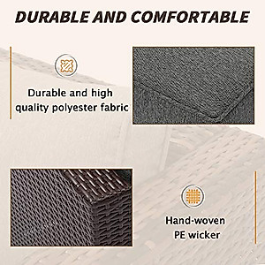 HOMPUS 7-Piece Outdoor Patio Furniture Set, All-Weather Wicker Sectional Sofa, Dark Grey Cushions w 32-inch Square Dark Brown Wicker Fire Table (40,000 BTU), Tank Outside, Glass Wind Guard