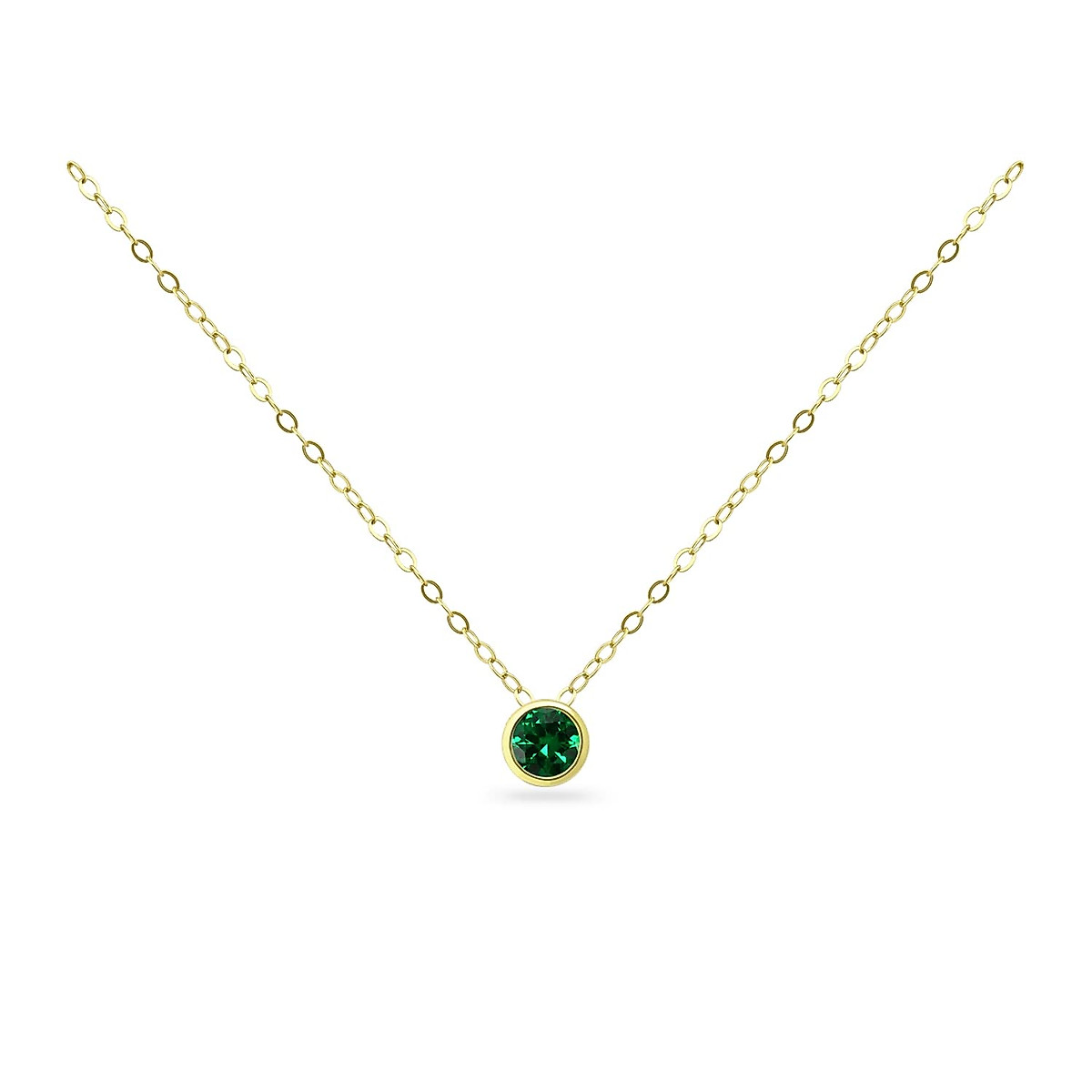 B. BRILLIANT Yellow Gold Flashed Sterling Silver 7mm Bezel Set Simulated Emerald Solitaire Pendant Necklace